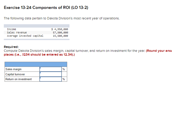 Solved Exercise 13-24 Components of ROI (LO 13-2) The | Chegg.com