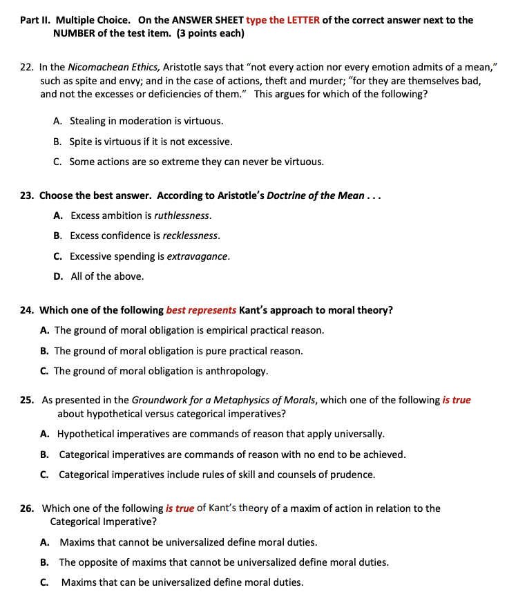 Part II. Multiple Choice. On the ANSWER SHEET type | Chegg.com
