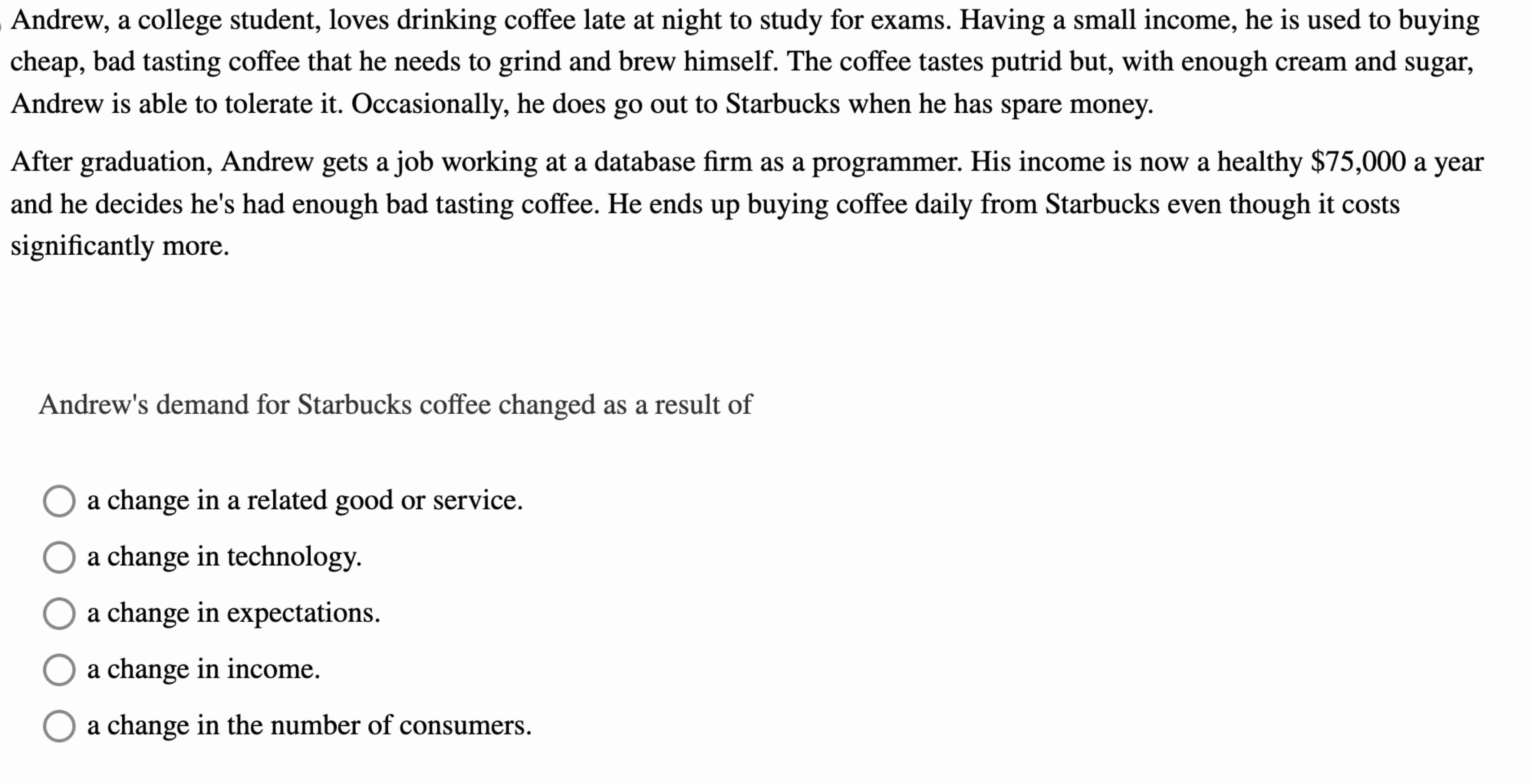 Solved Andrew's demand for Starbucks coffee changed as a | Chegg.com