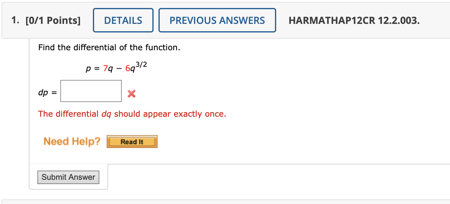 Solved 1. [0/1 Points] Find the differential of the | Chegg.com