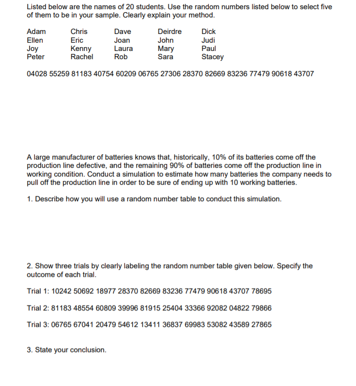 Solved Listed below are the names of 20 students. Use the | Chegg.com