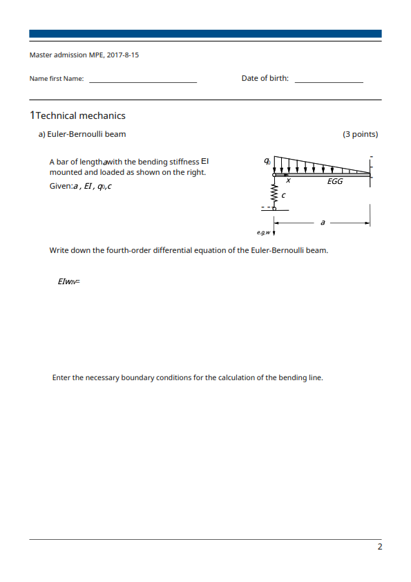 A bar of lengthawith the bending stiffness EI mounted | Chegg.com