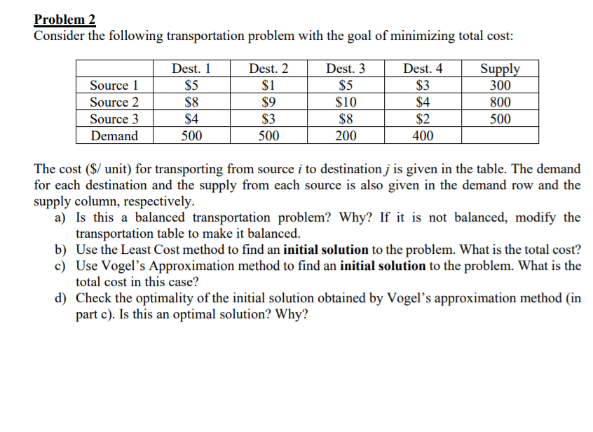 Solved Problem 2 Consider the following transportation | Chegg.com