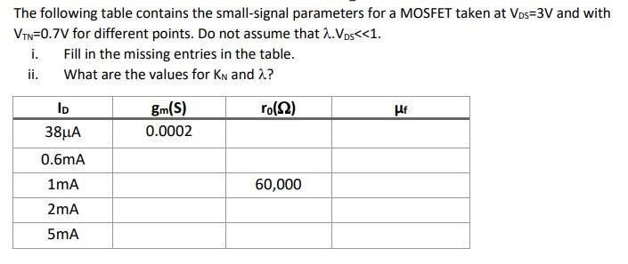 Solved The following table contains the small-signal | Chegg.com