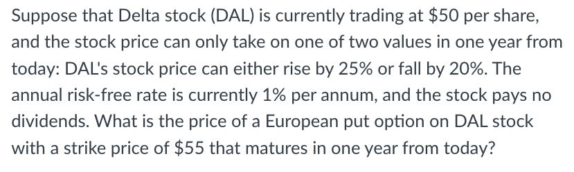 Solved Suppose that Delta stock (DAL) is currently trading | Chegg.com