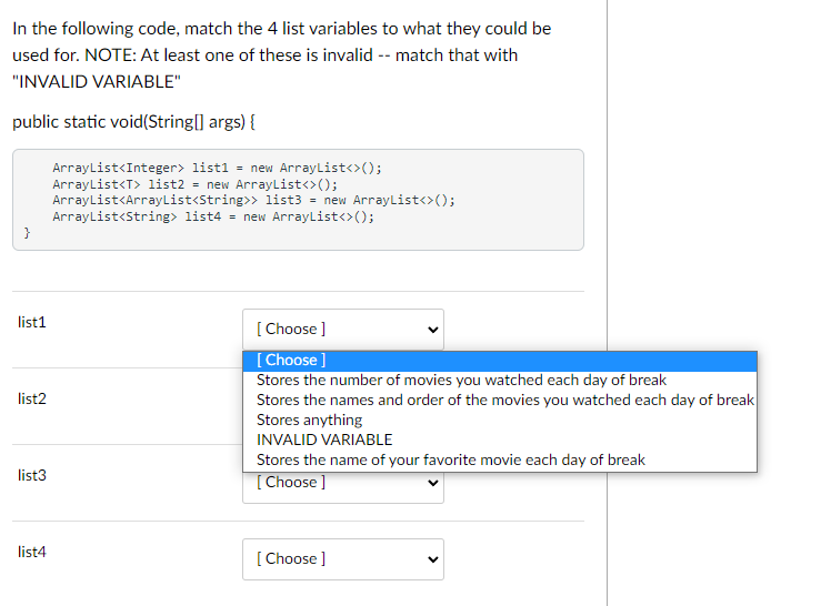 Solved In the following code, match the 4 list variables to | Chegg.com