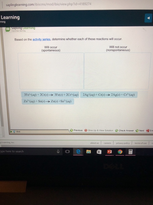 Solved Based on the activity series, determine whether each | Chegg.com