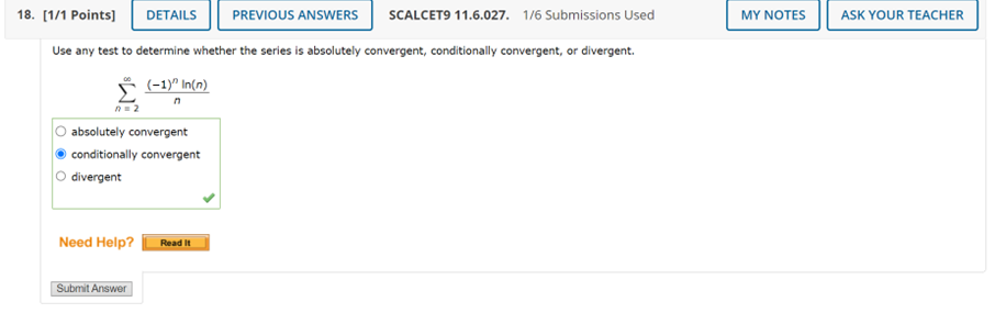 Solved ∑n=2∞n(−1)nln(n) absolutely convergent conditionally | Chegg.com