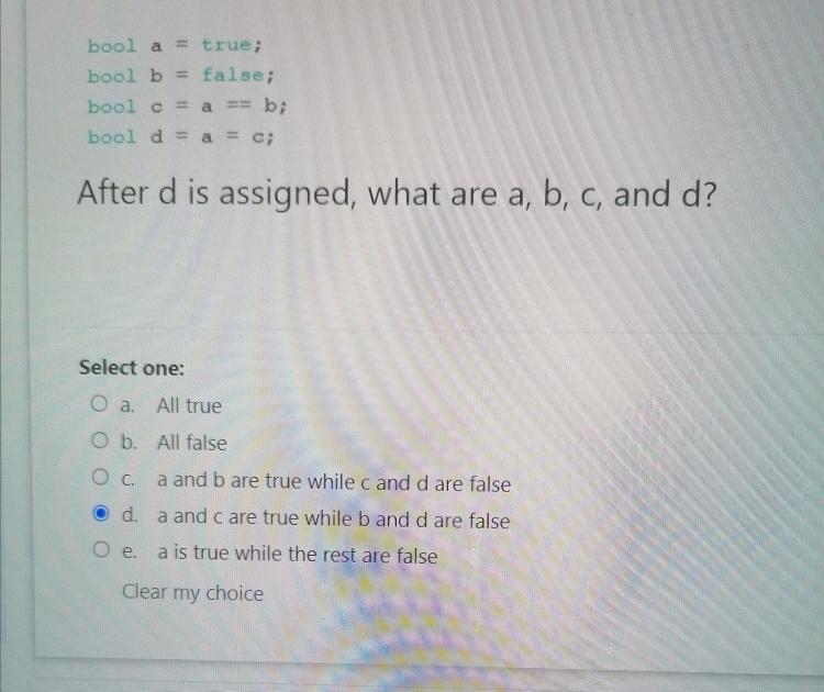 Solved bool a = true; bool b = false; bool c = a == b; bool | Chegg.com