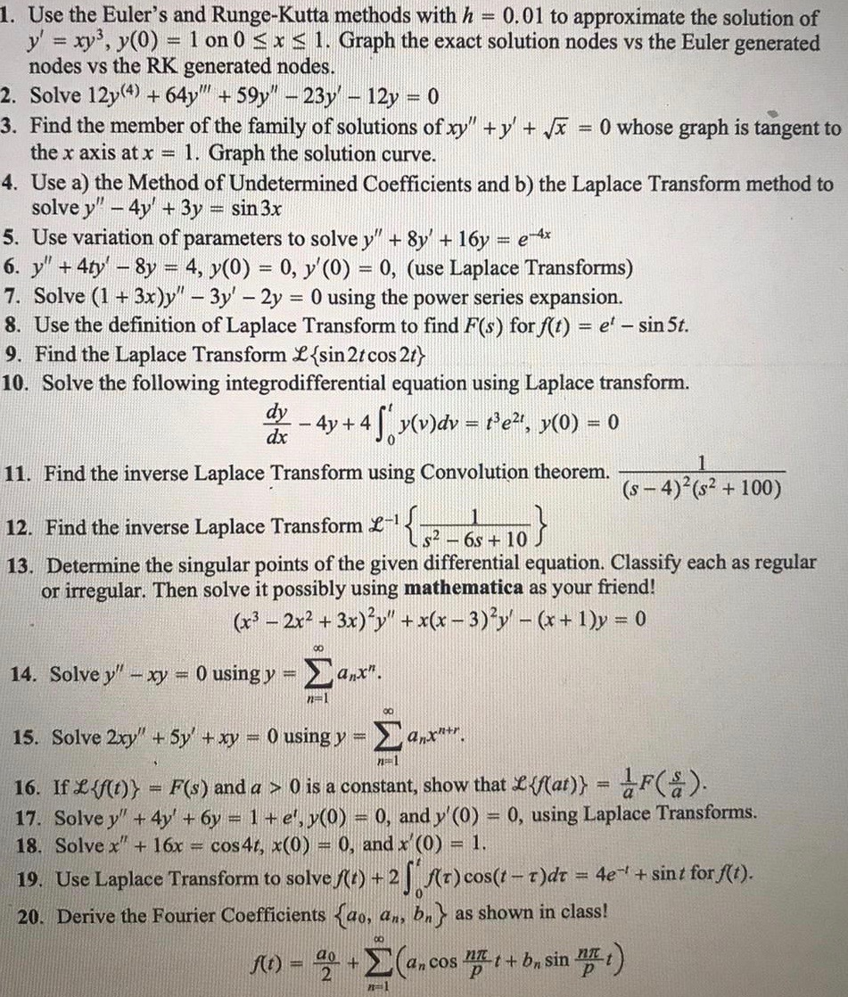 Solved 1. Use the Euler's and Runge-Kutta methods with h = | Chegg.com