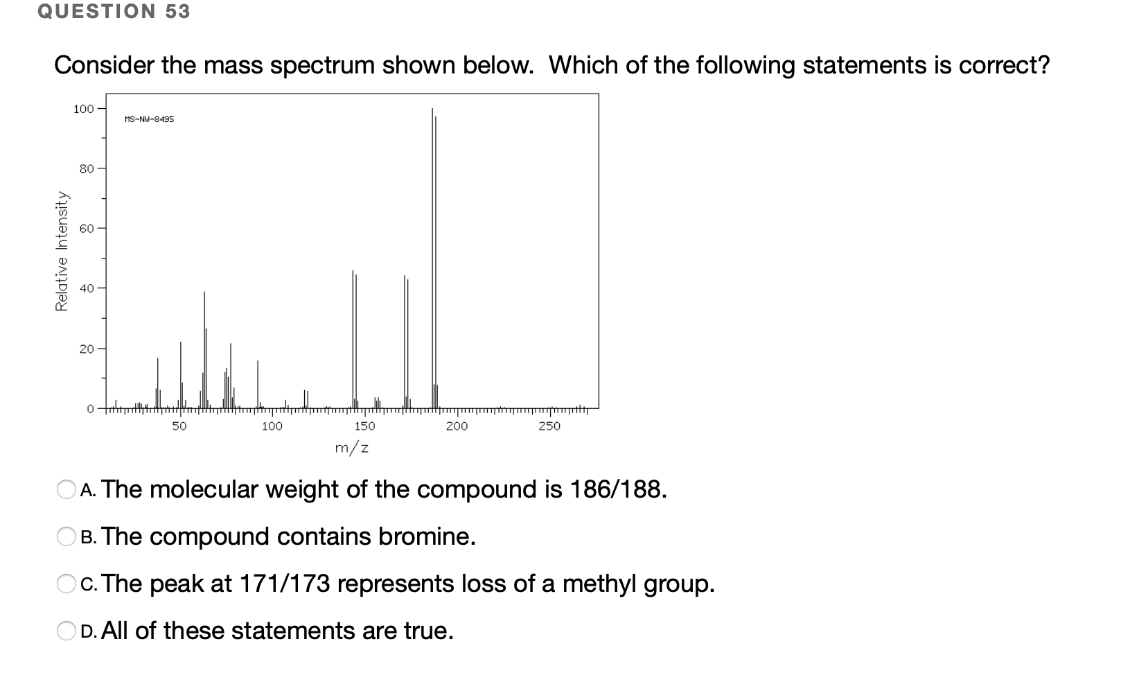 Solved QUESTION 53 Consider the mass spectrum shown below. | Chegg.com