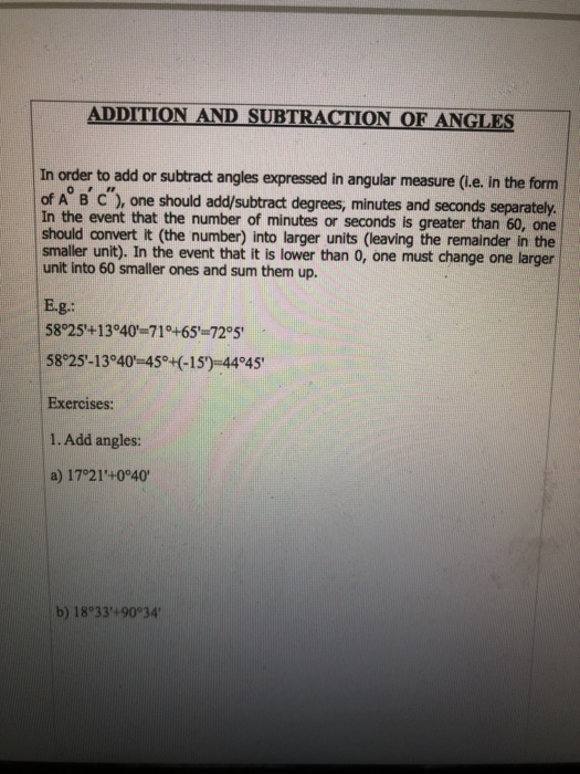 Solved ADDITION AND SUBTRACTION OF ANGLES In order to add or | Chegg.com