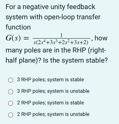 Solved For a negative unity feedback system with open-loop | Chegg.com