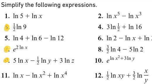 Solved Simplify the following expressions. 1. ln5+lnx 2. | Chegg.com