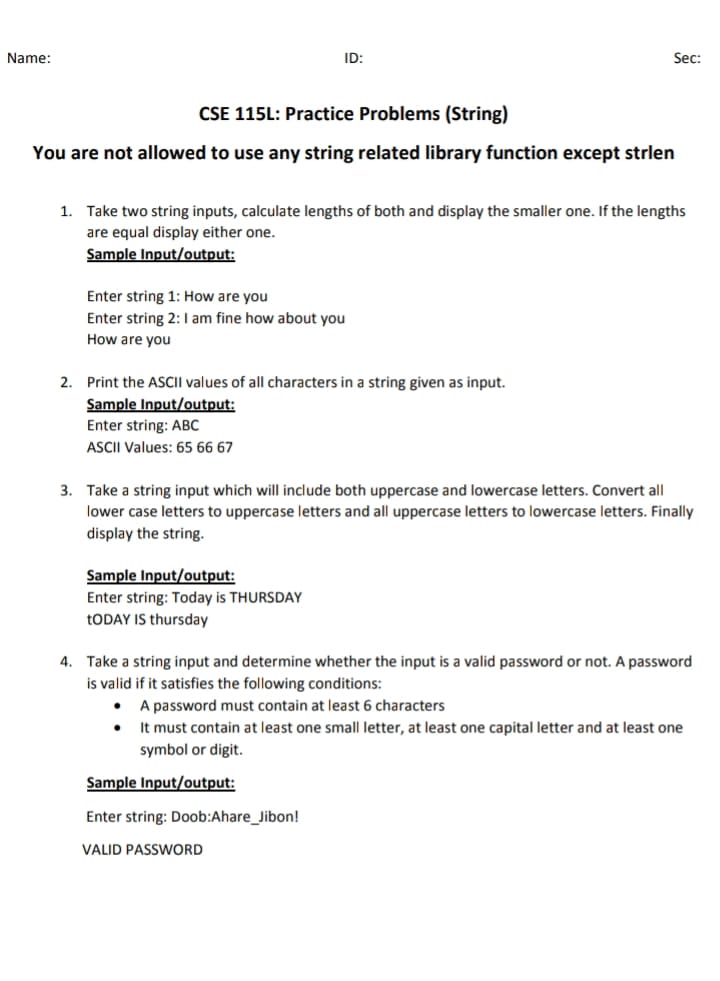 Solved Name: ID: Sec: CSE 115L: Practice Problems (String) | Chegg.com
