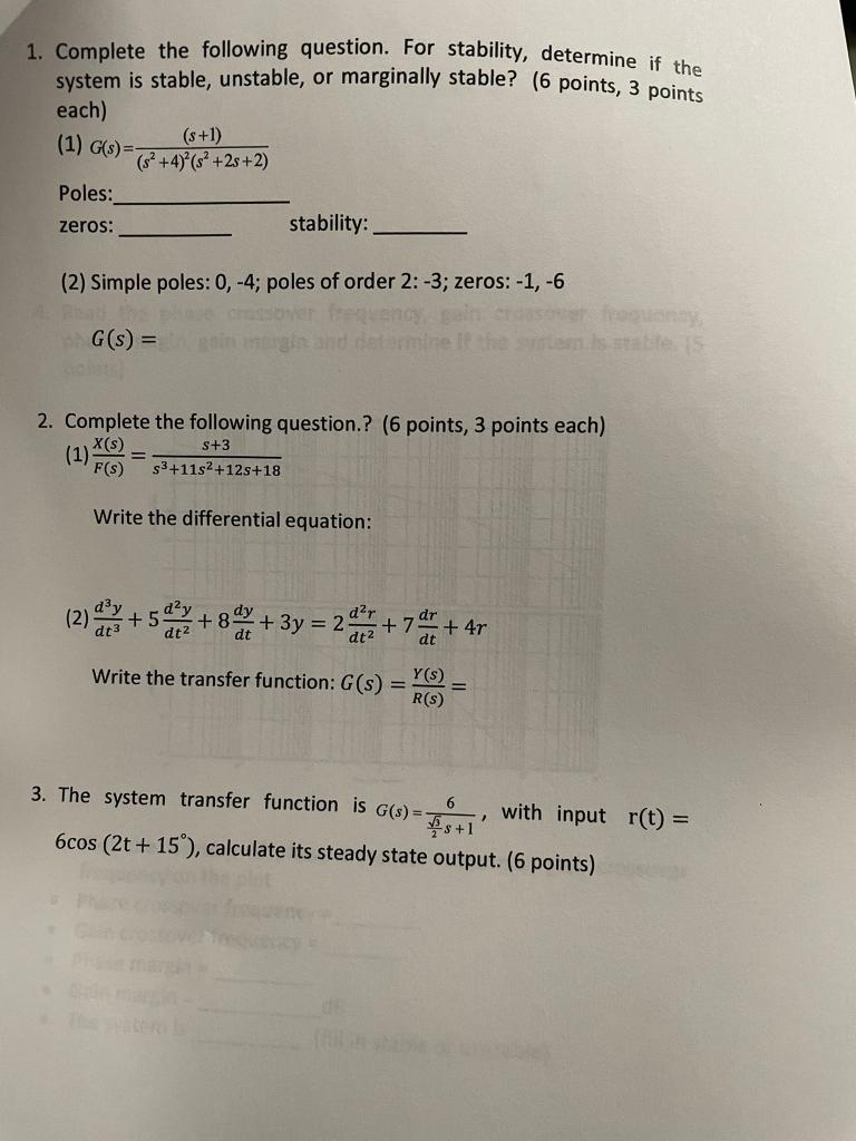 Solved 1. Complete the following question. For stability, | Chegg.com