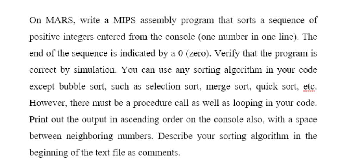 Solved On MARS, write a MIPS assembly program that sorts a | Chegg.com