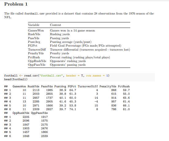 Problem 1 The file called football.csv provided is a | Chegg.com