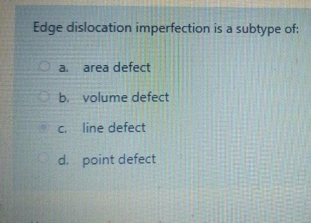 Solved Edge dislocation imperfection is a subtype of: : area | Chegg.com
