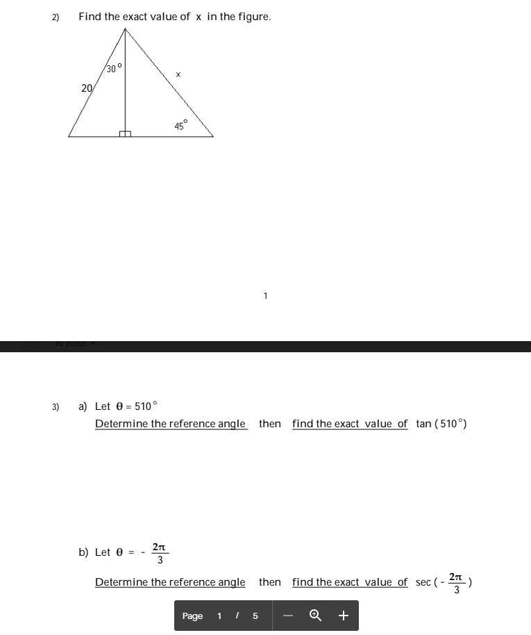 Solved 2) Find the exact value of x in the figure. 30° 20 | Chegg.com