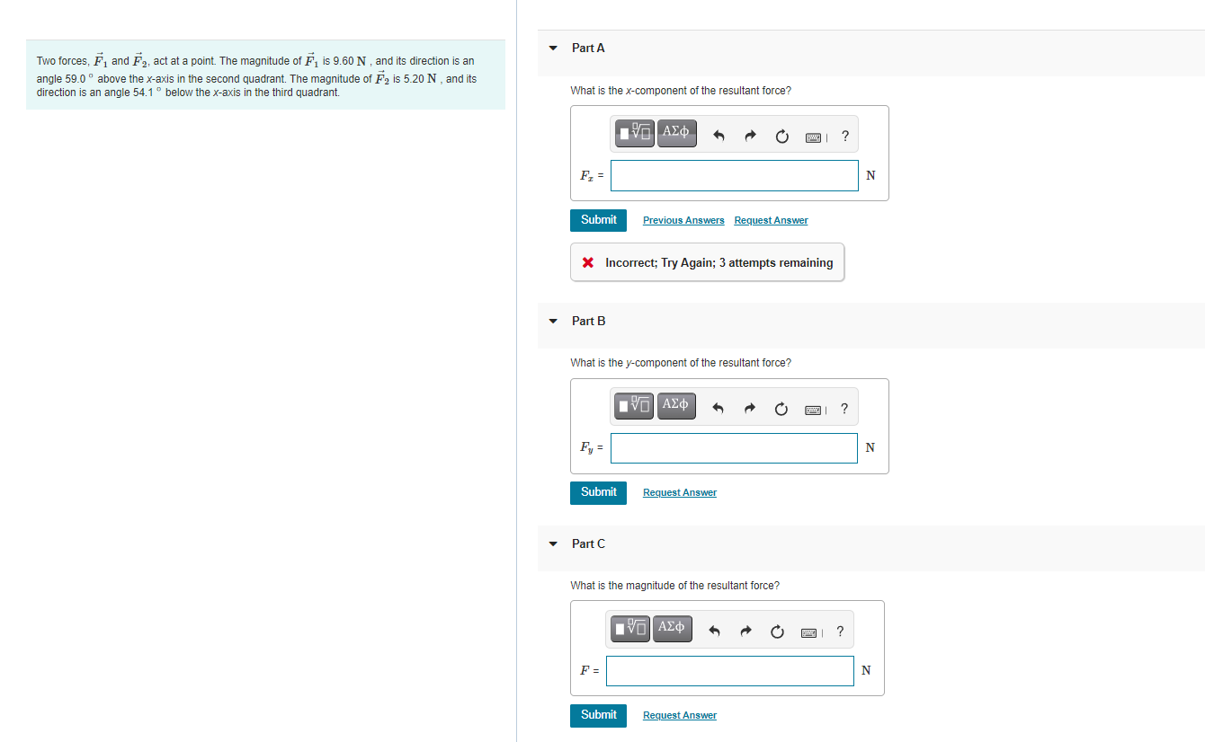 Solved Part A Two forces, Ē, and 72, act at a point. The | Chegg.com