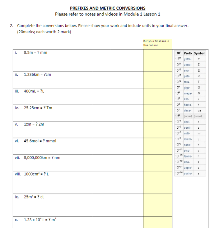 Solved PREFIXES AND METRIC CONVERSIONS Please refer to notes | Chegg.com