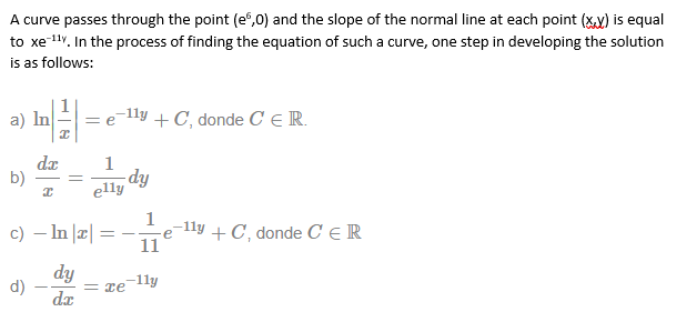 Solved A curve passes through the point (e”,0) and the slope | Chegg.com