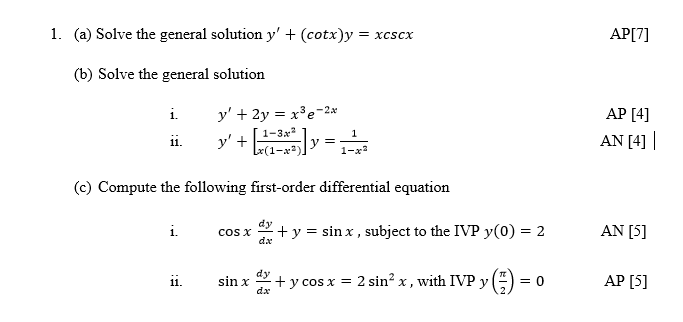 Solved 1. (a) Solve the general solution y' + (cotx)y = | Chegg.com