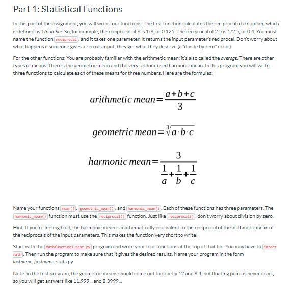 Solved Part 1: Statistical Functions In this part of the | Chegg.com