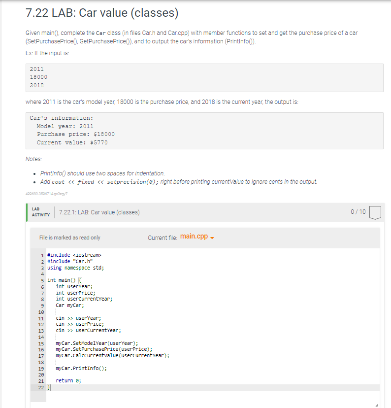 Given main(), complete the Car class (in files Car.h | Chegg.com