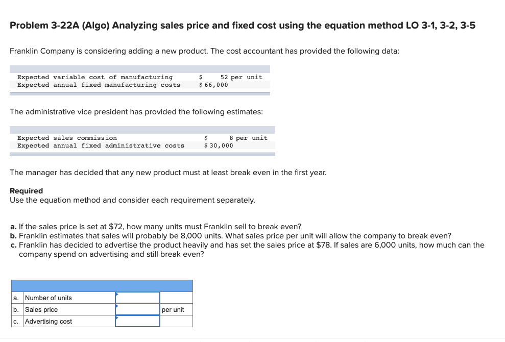 Solved Problem 3-22A (Algo) Analyzing sales price and fixed | Chegg.com