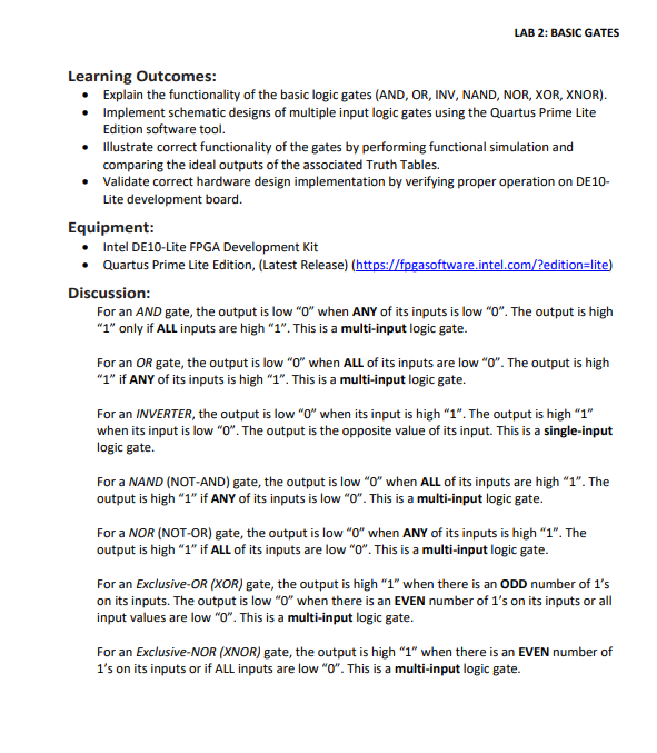 LAB 2: BASIC GATES Learning Outcomes: - Explain the | Chegg.com