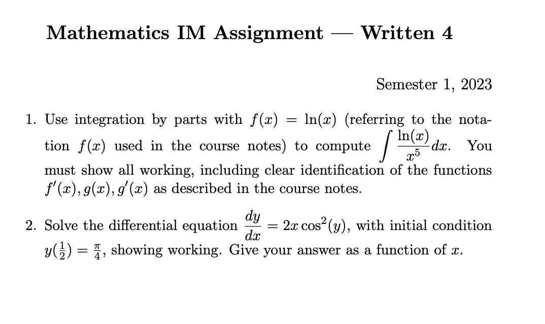 Solved Mathematics IM Assignment - Written 4 Semester 1, | Chegg.com