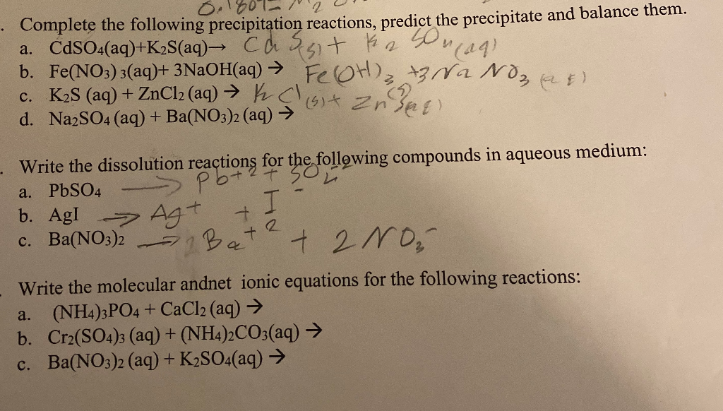 Solved Complete the following precipitation reactions, | Chegg.com