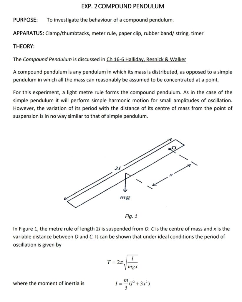 EXP. 2COMPOUND PENDULUM PURPOSE: To investigate the | Chegg.com