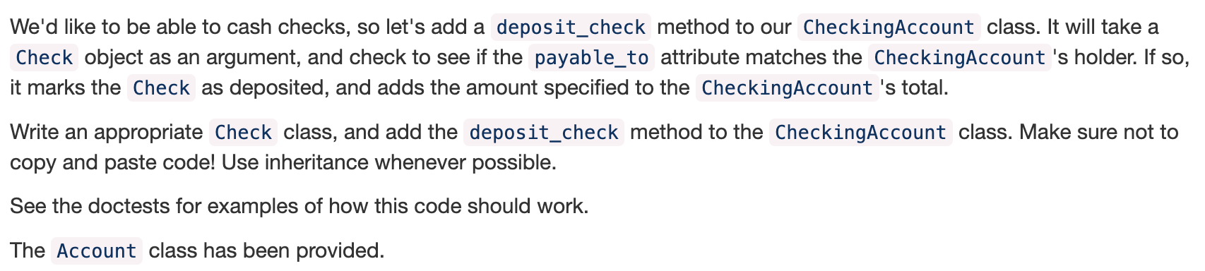 Solved We'd like to be able to cash checks, so let's add a | Chegg.com