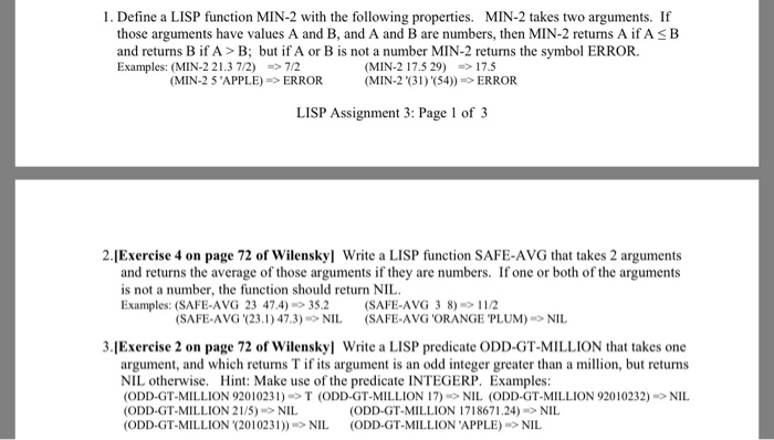 Solved 1 Define A Lisp Function Min 2 With The Following