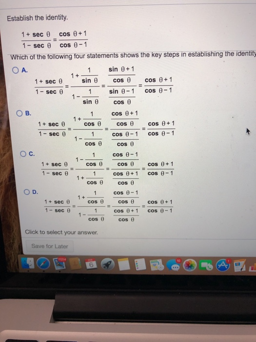Solved Establish the identity. 1 + sec θ 1-sec θ cos 0+1 cos | Chegg.com