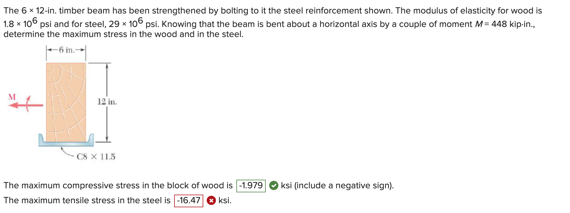 Solved The 6 x 12-in. timber beam has been strengthened by | Chegg.com