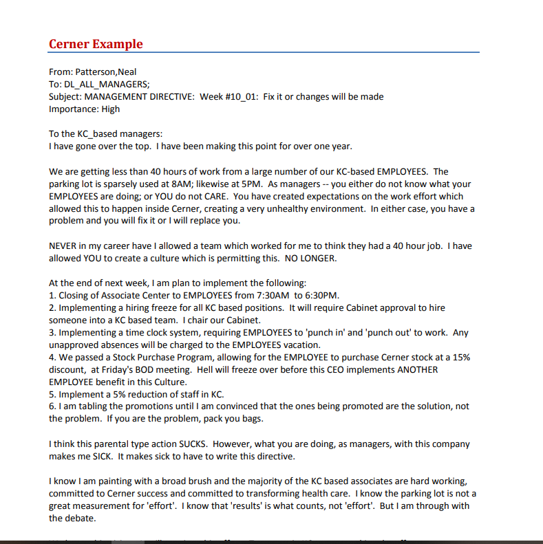 Solved Read the memo from Cerner Corp CEO Neal Patterson | Chegg.com