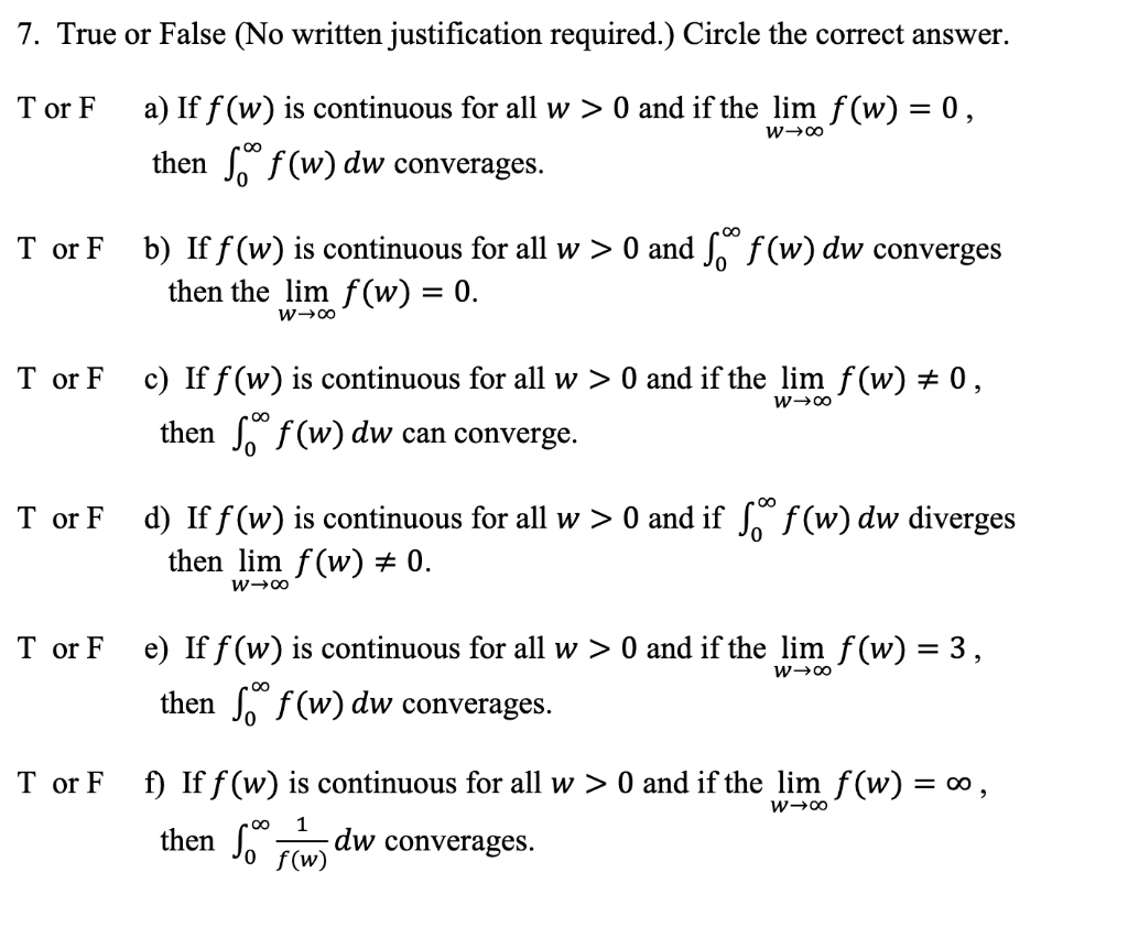 7. True or False (No written justification required.) | Chegg.com