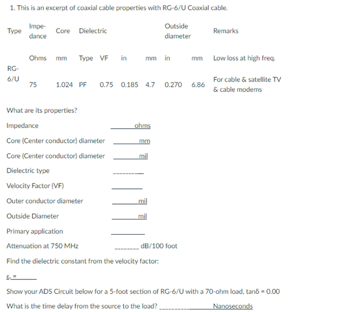 Solved 1. This is an excerpt of coaxial cable properties | Chegg.com