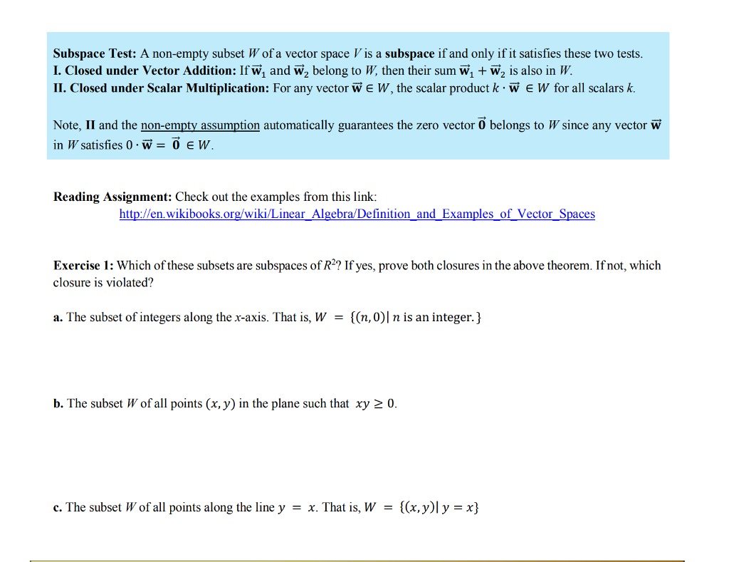 Solved Subspace Test A Non Empty Subset W Ofa Vector Space