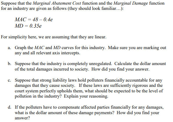 Solved Suppose that the Marginal Abatement Cost function and | Chegg.com