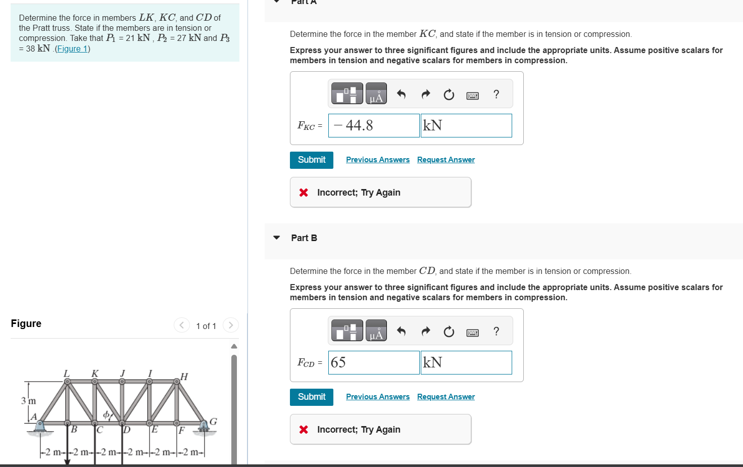 Solved Determine the force in members LK,KC, ﻿and CD of the | Chegg.com
