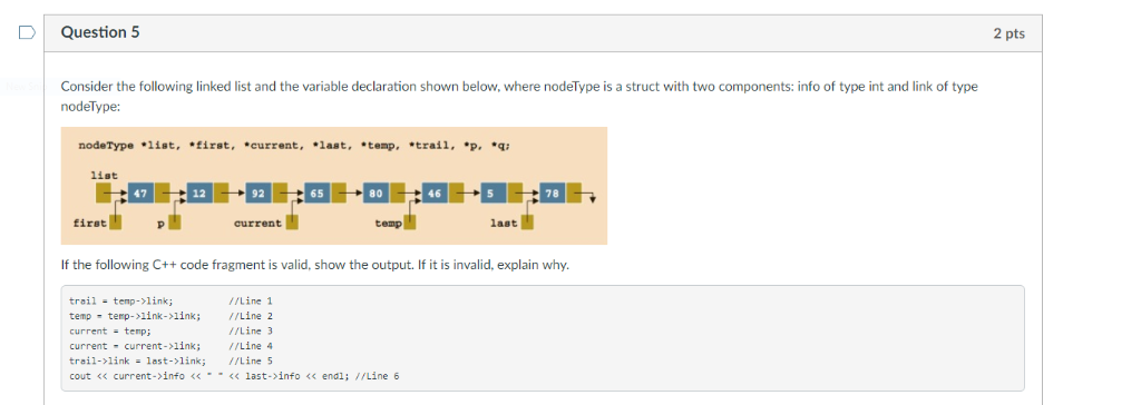 Solved DQuestion 5 2 pts Consider the following linked list | Chegg.com