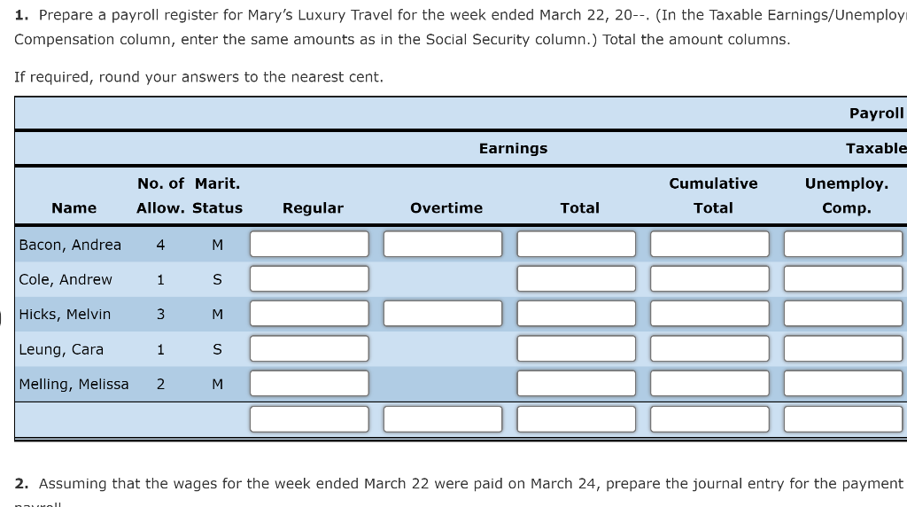 Solved Payroll Register and Payroll Journal Entry Mary Losch | Chegg.com