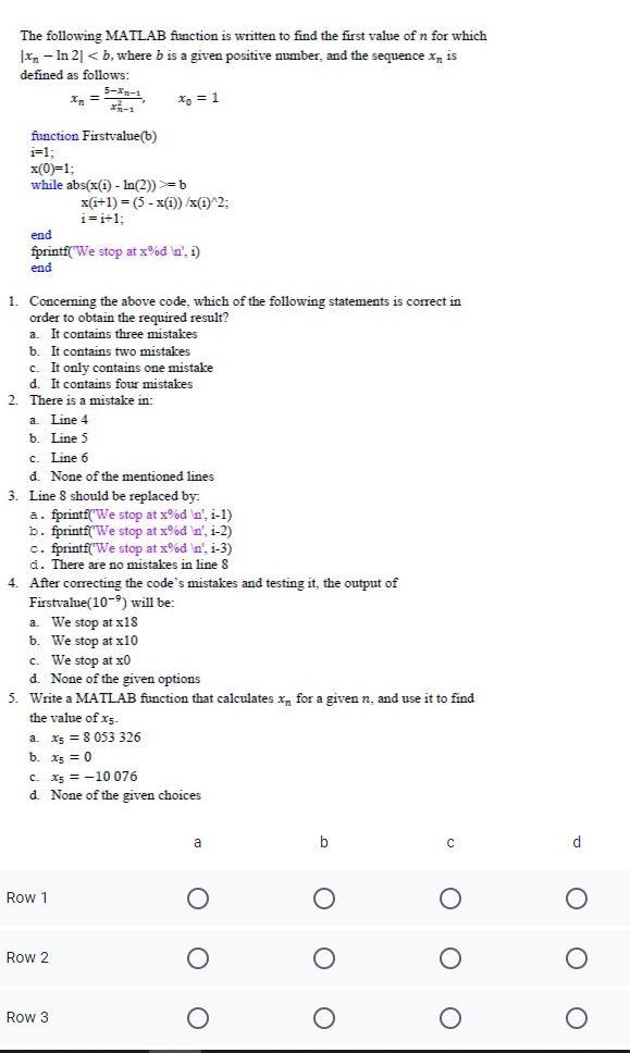 Solved The following MATLAB function is written to find the | Chegg.com