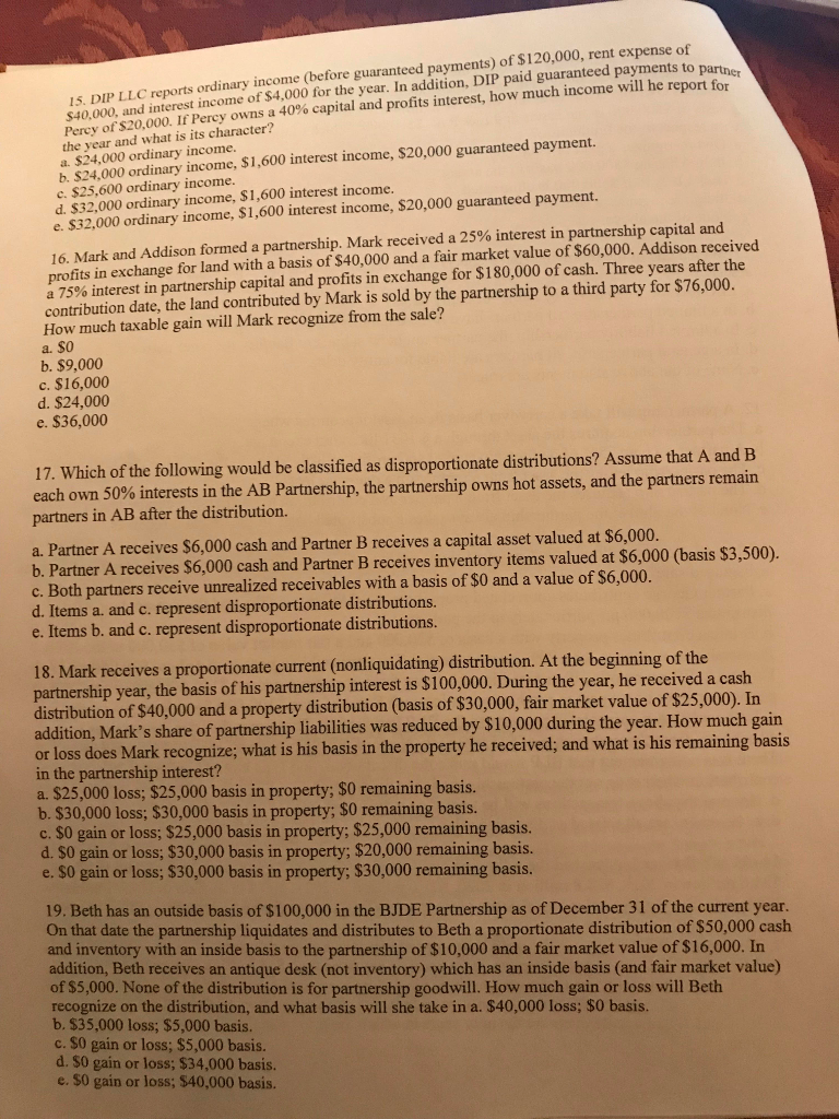 Solved 15. DIP LLC reports ordinary income (before | Chegg.com