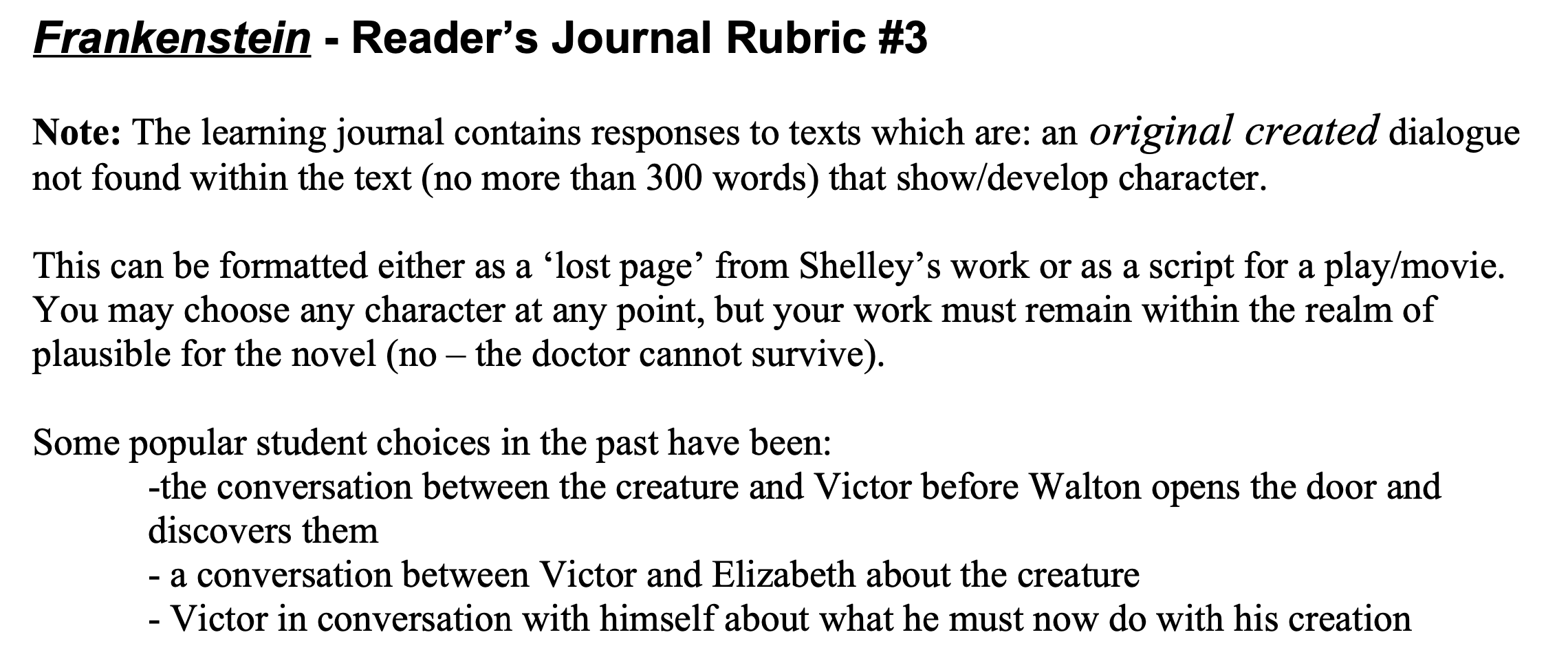 Frankenstein - Reader's Journal Rubric \#3 Note: The | Chegg.com